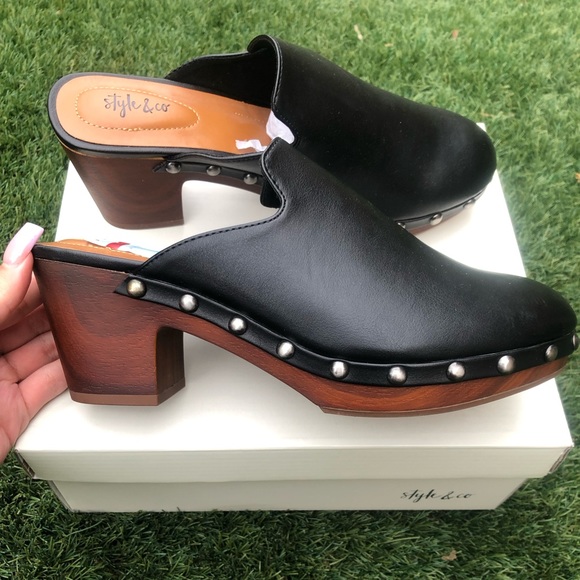 Style & Co. | Shoes | Black Leather Brown Wooden Clogs Heels | Poshmark